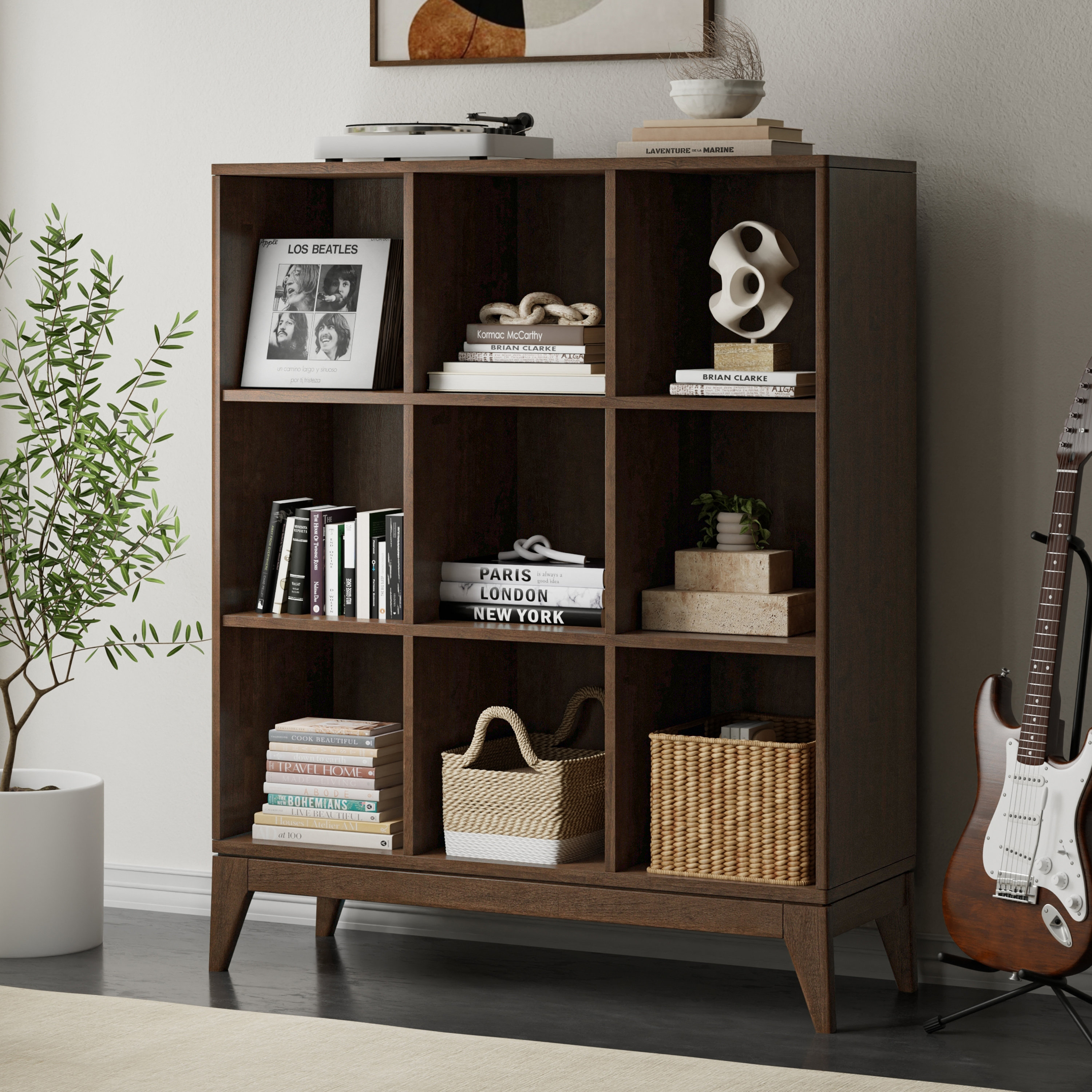 Simpli Home Harper 42"W Solid Hardwood 9-Cube Mid-Century Modern Bookcase with Fixed Shelves and ...